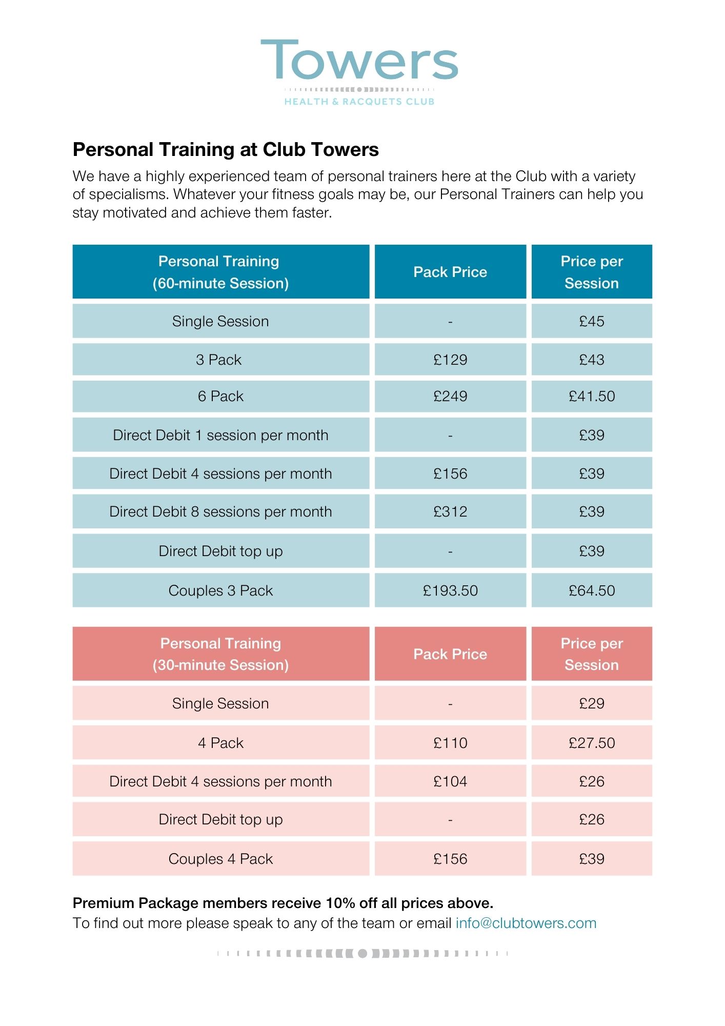 Personal Training Price List 2023 - Club Towers